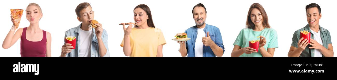 Set of people with different fast food on white background Stock Photo ...