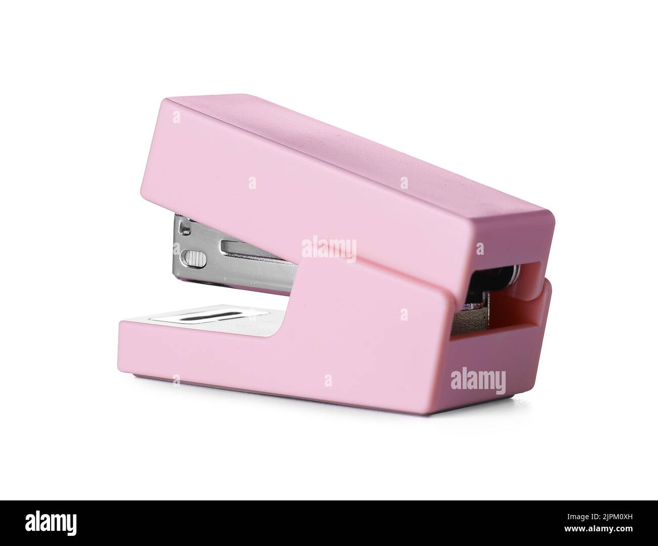 Modern pink stapler on white background Stock Photo - Alamy