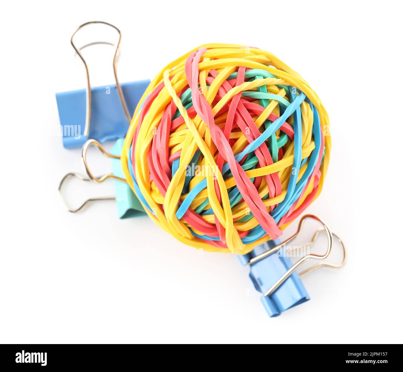 Colorful rubber band ball and paper clips on white background Stock ...