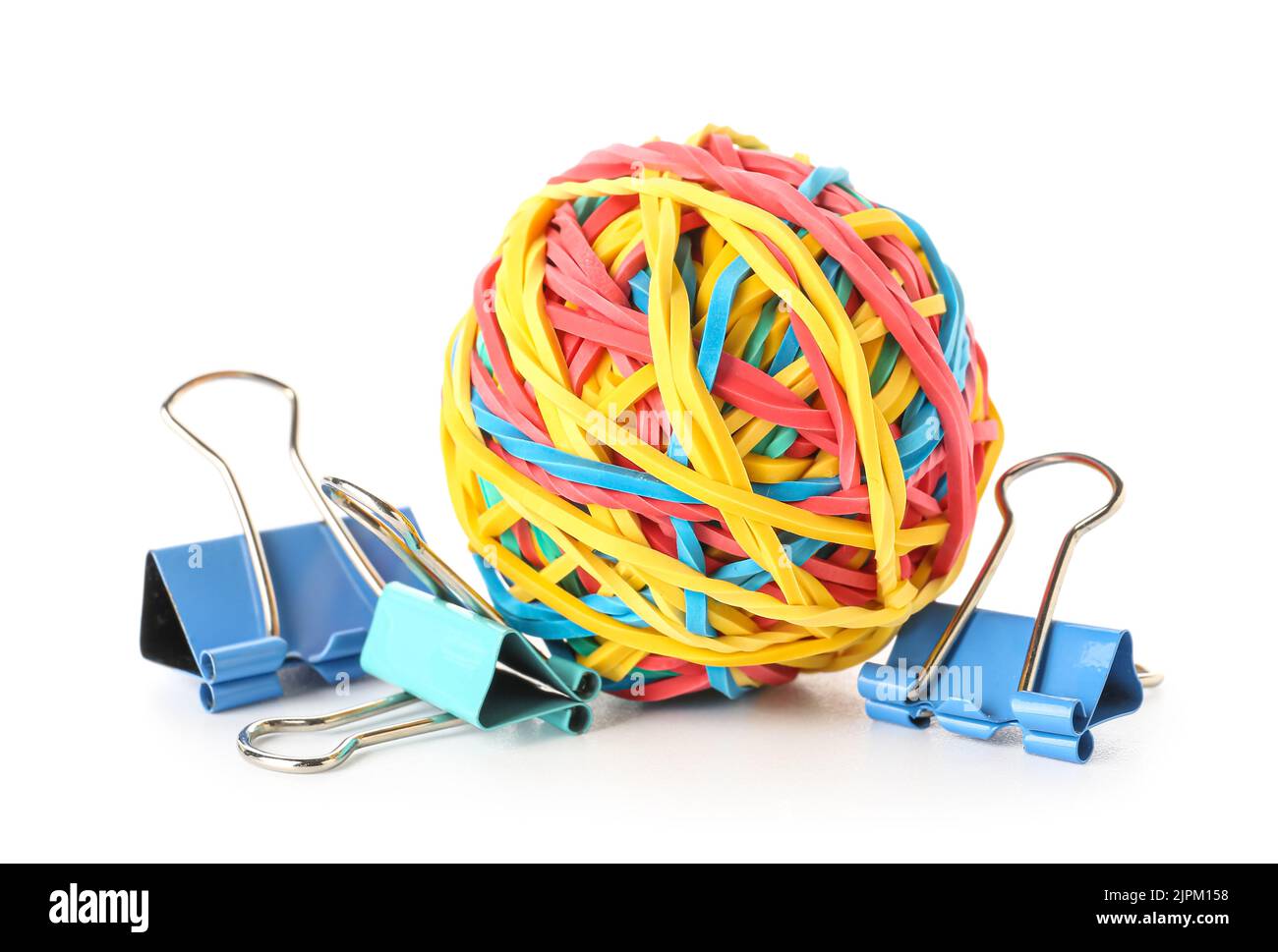 Colorful rubber band ball and paper clips on white background Stock ...