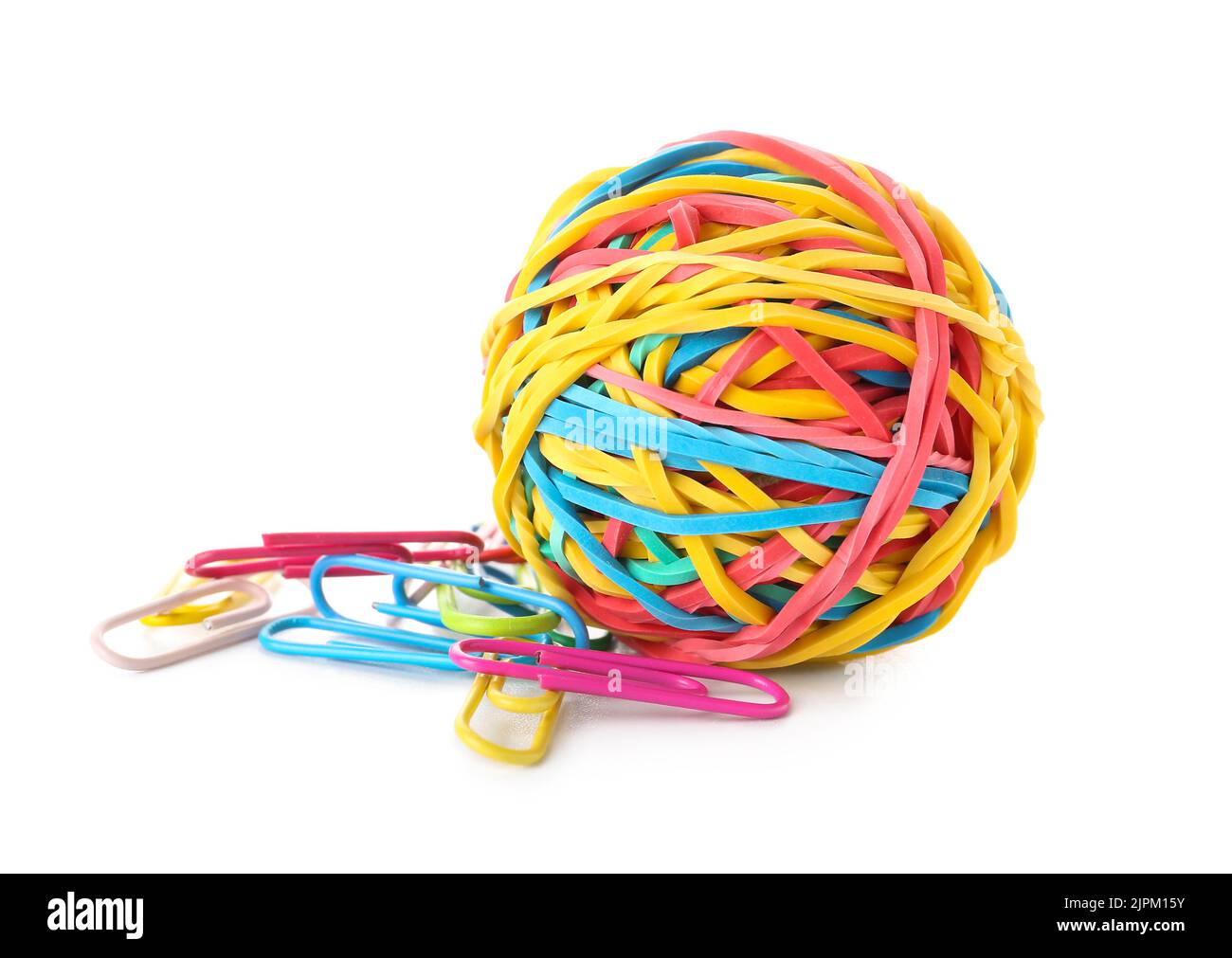 Colorful rubber band ball and paper clips on white background Stock ...