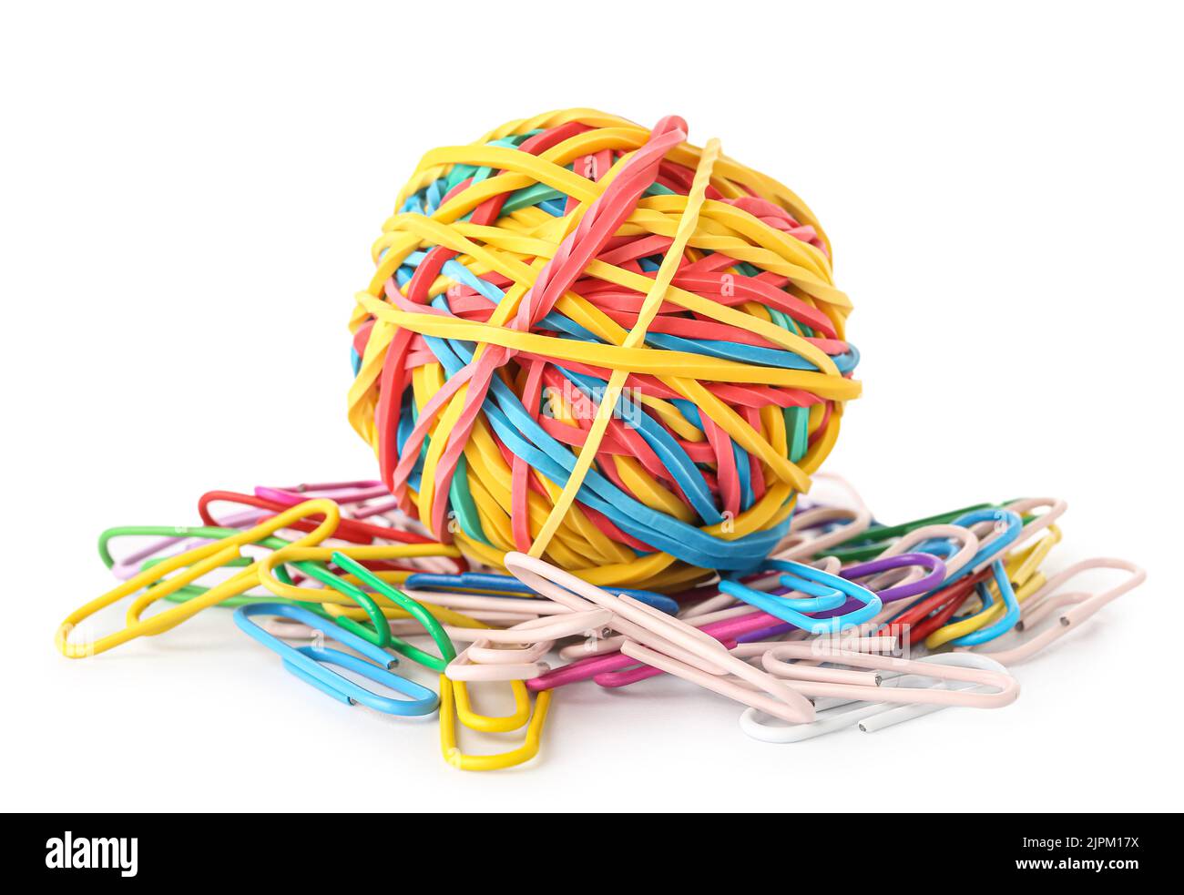 Colorful rubber band ball and paper clips on white background Stock ...