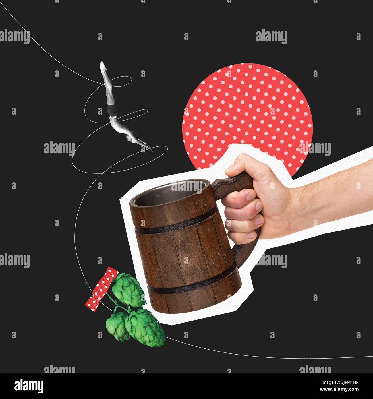 Contemporary art collage. Young man diving into wooden beer mug ...