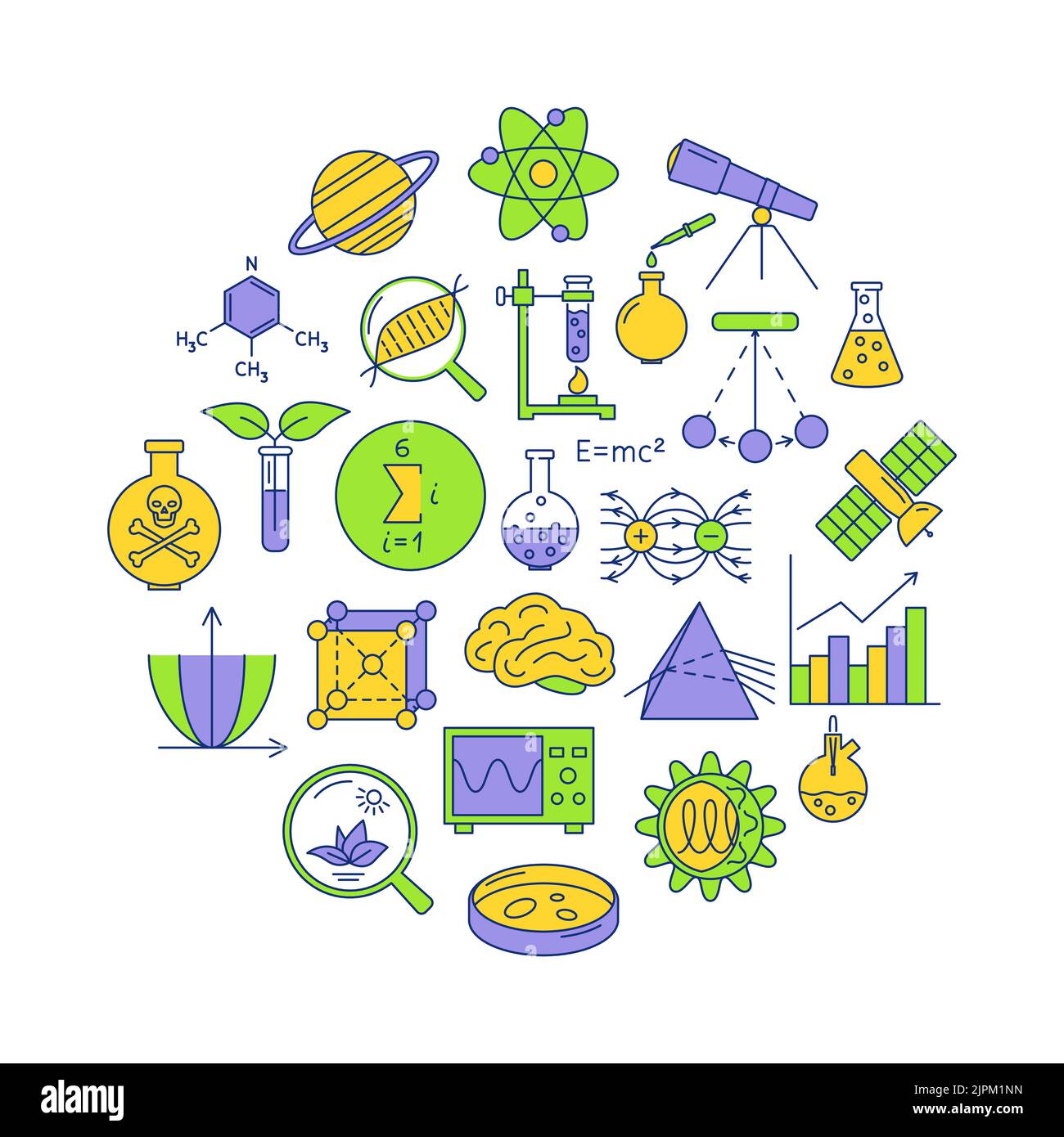 Science round poster in colored line style. Banner with scientific ...