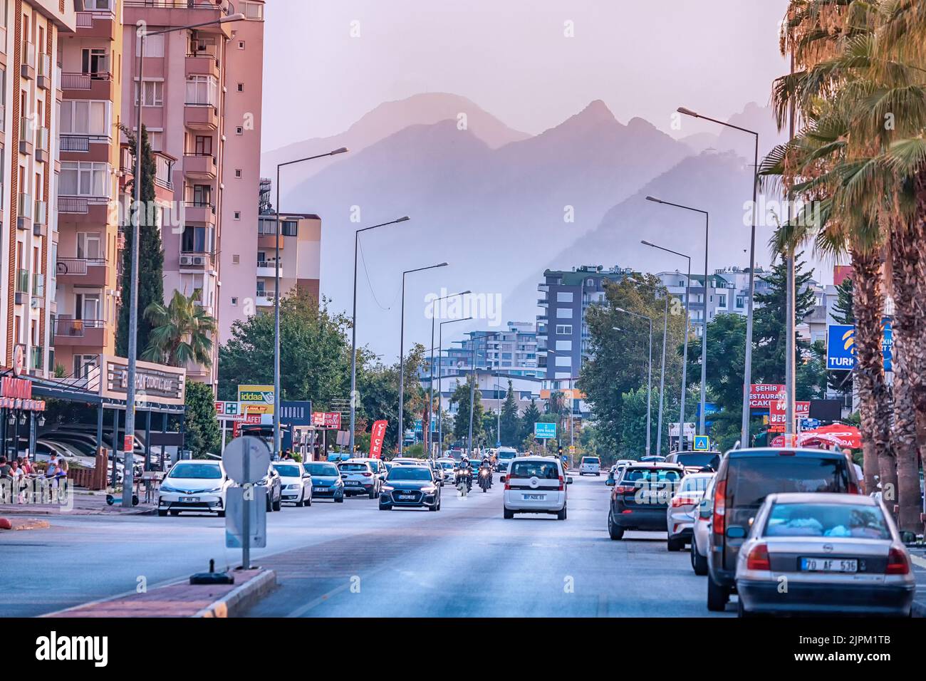 10 July 2022, Antalya, Turkey: City boulevard with automobile road and ...