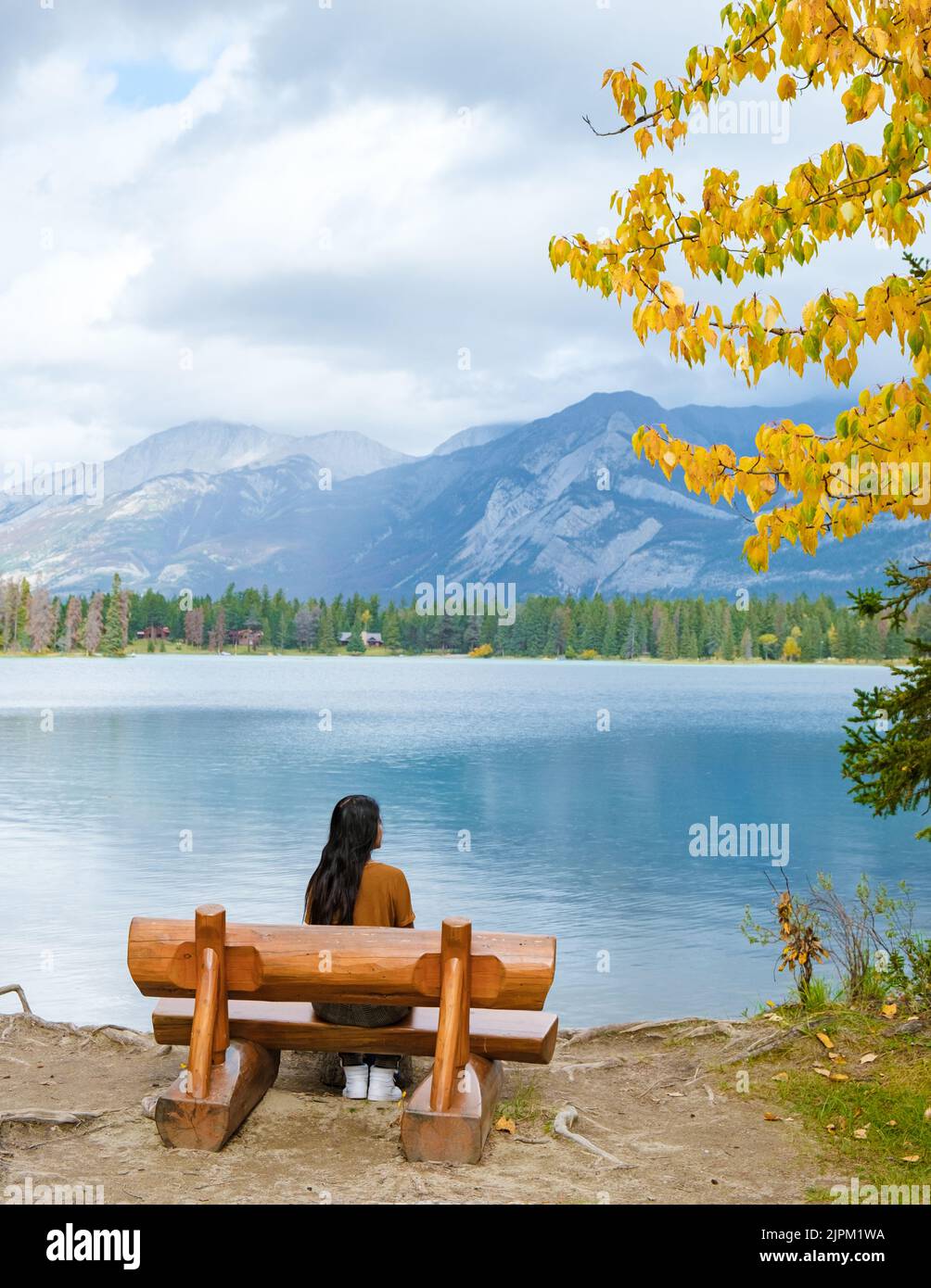 Beauvert lake at Jasper with autumn trees, Canada, a Canadian lake ...