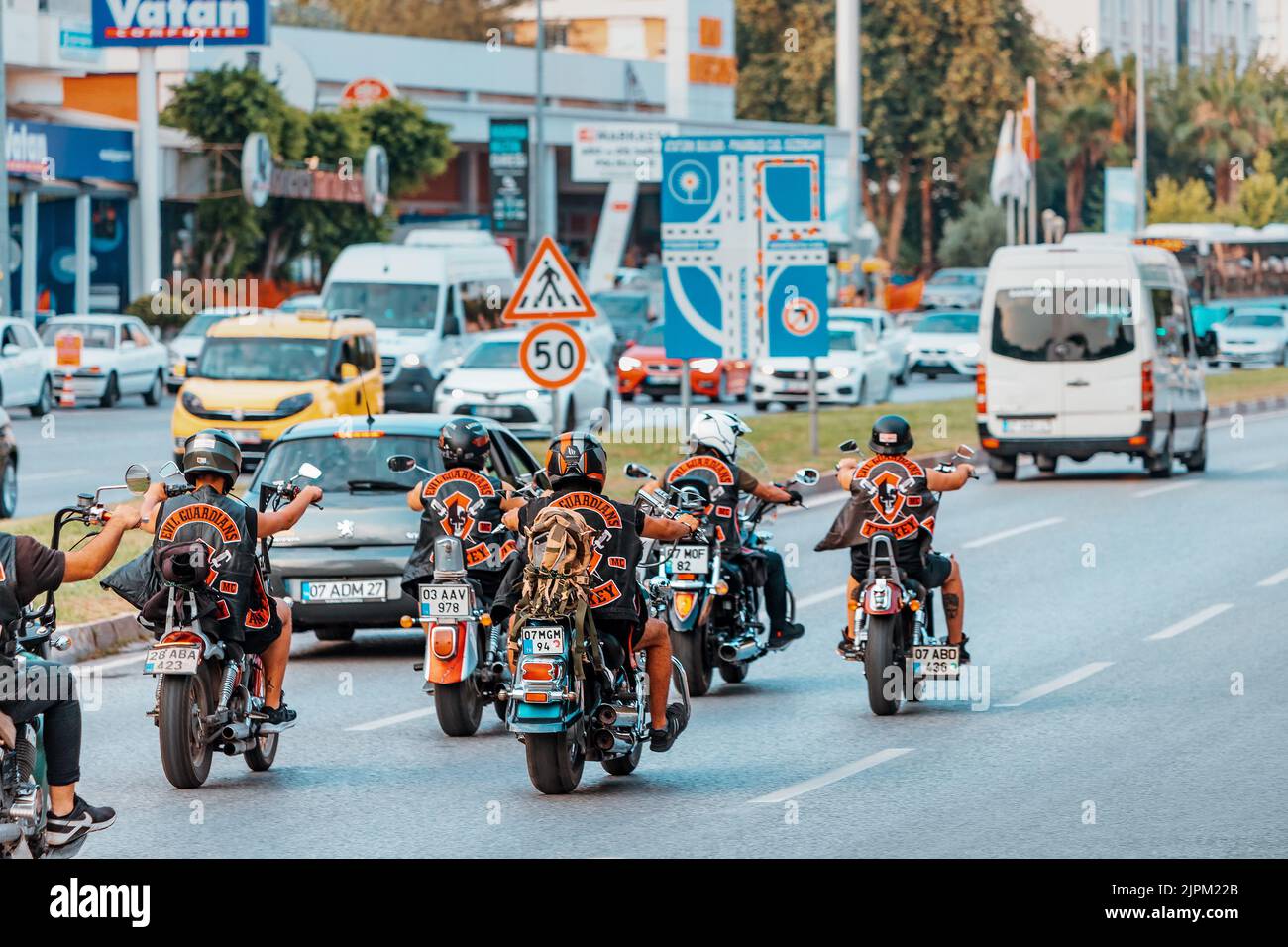 10 July 2022, Antalya, Turkey: A gang or a team of motorcycle bikers in ...