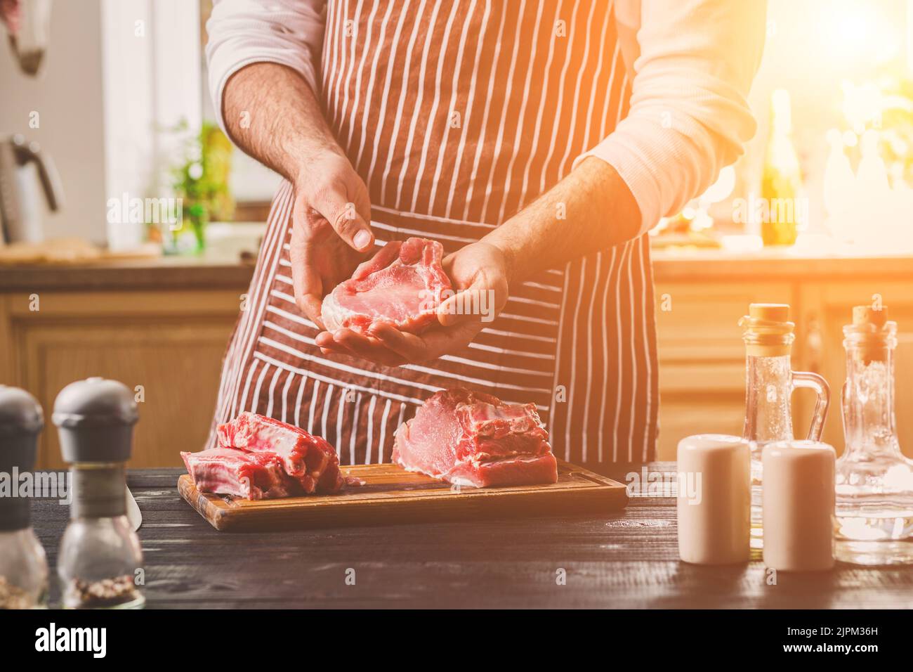 Preparation of dinner. Cooking, processing of meat beef, tenderloin ...