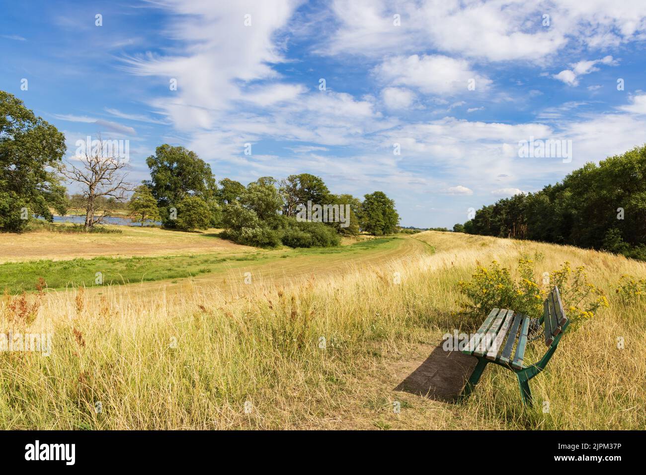 Landscape with bench overlooking the Elbe valley and the green belt ...