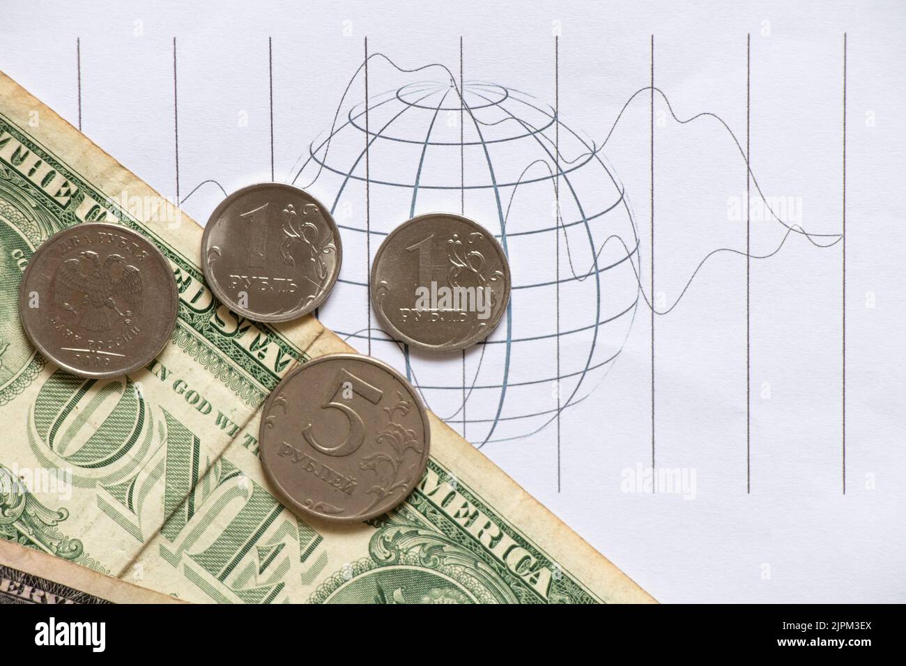 Dollars and Russian rubles lie on the reports and the histogram, the ...