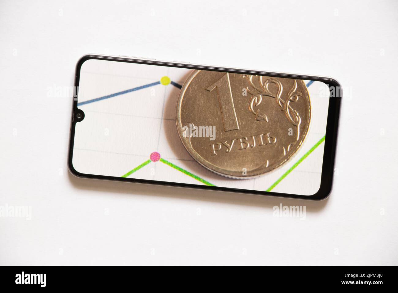 Russian ruble and histogram with statistics on the phone on a white ...