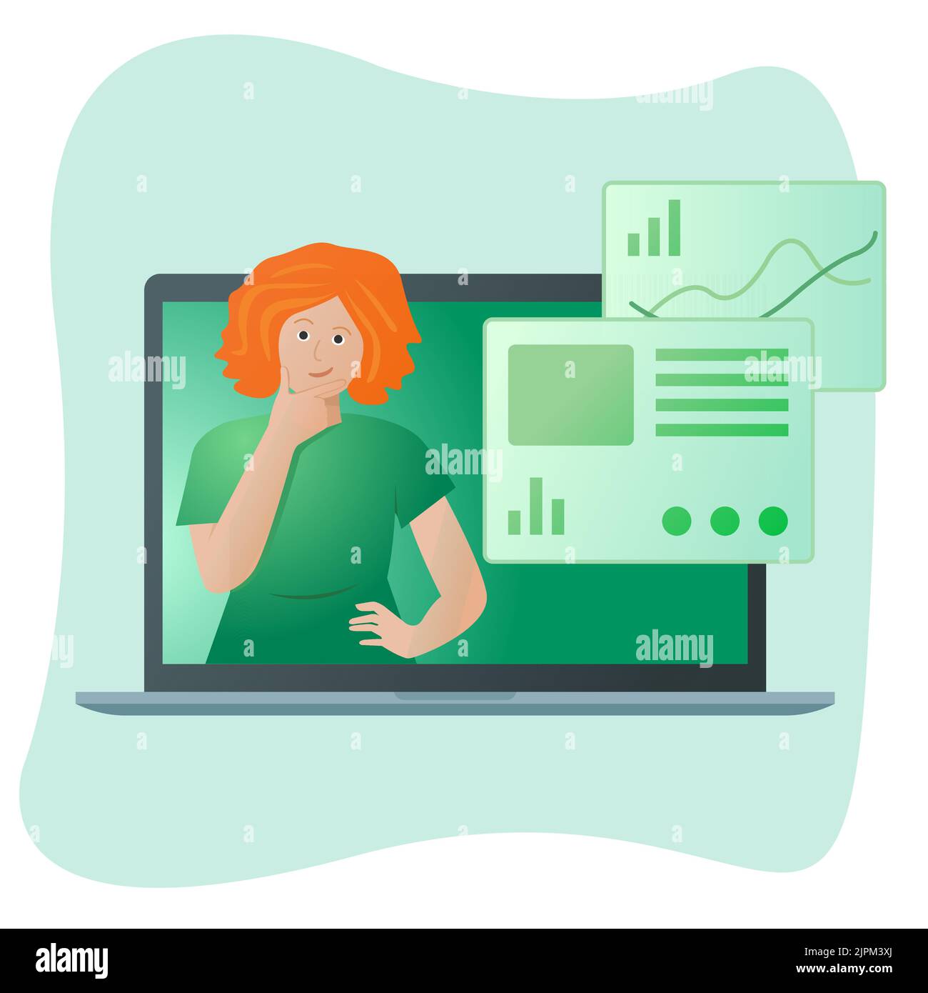 Presenter in online webinar, presentation. Woman performing in front of ...