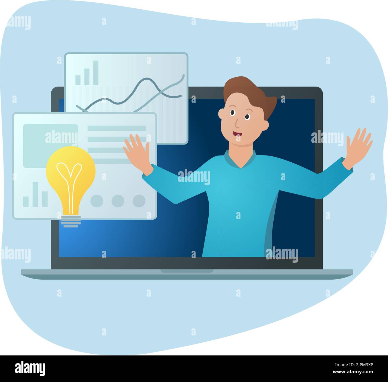 Presenter in online webinar, presentation. Men performing in front of ...