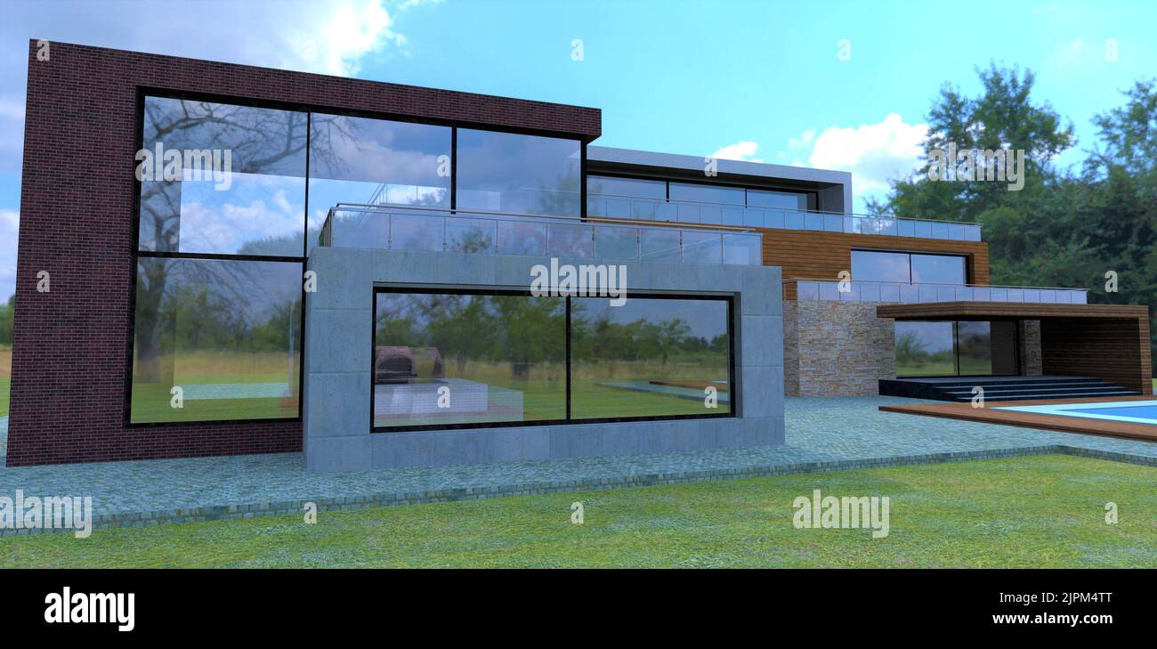 Futuristic concept of a country house. Lots of glass, light and space ...