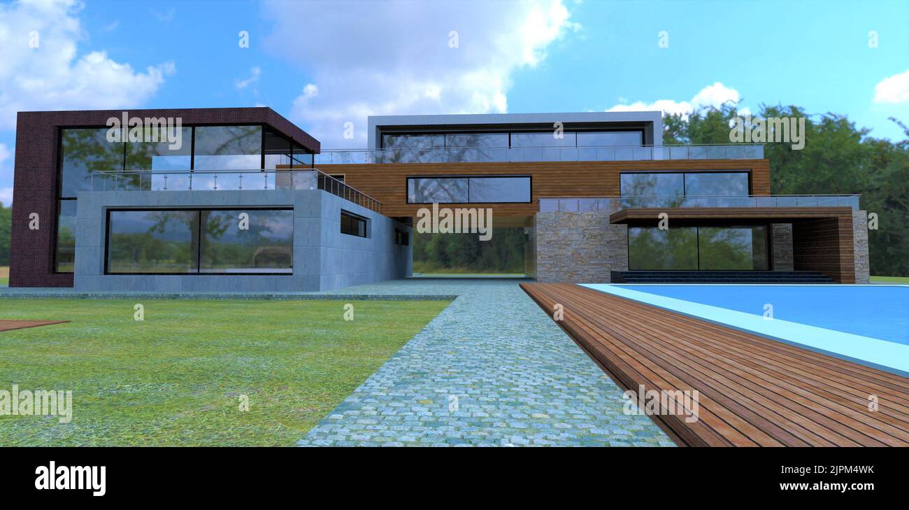 Paving stone path in the courtyard of a luxurious country villa in a ...