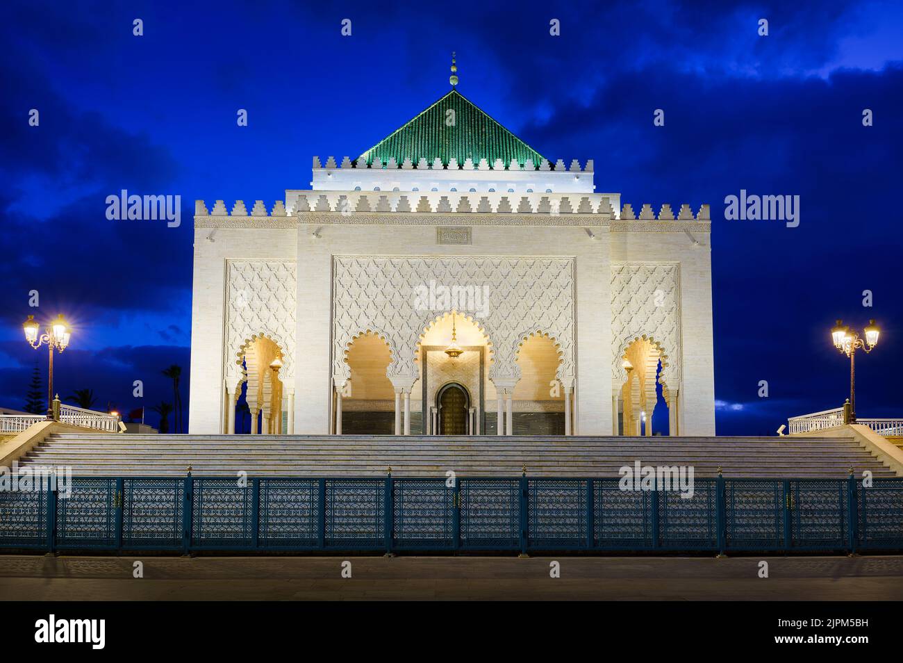 An aerial view of Mausoleum of Mohammed V surrounded by stony column in ...