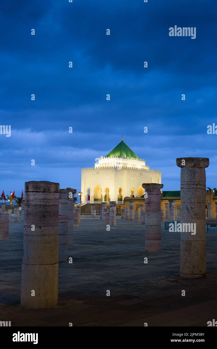 An aerial view of Mausoleum of Mohammed V surrounded by stony column in ...