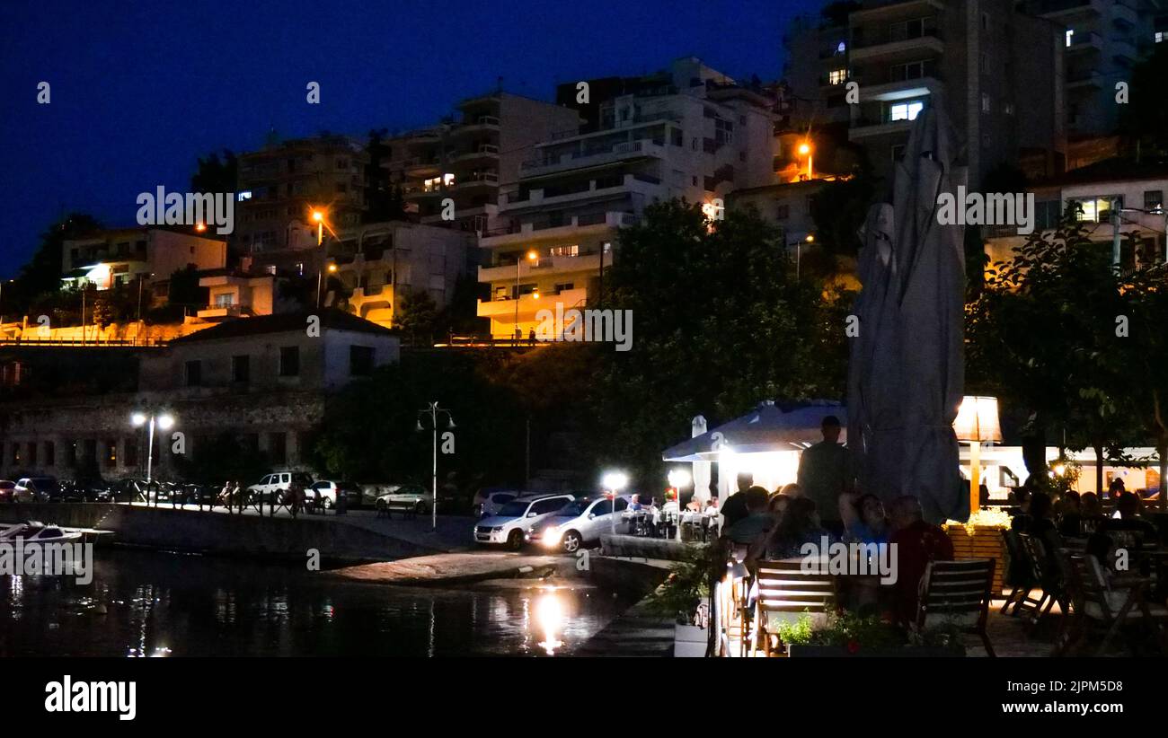 Night view, Kavala fishing harbor, Macedonia, North-Eastern Greece ...