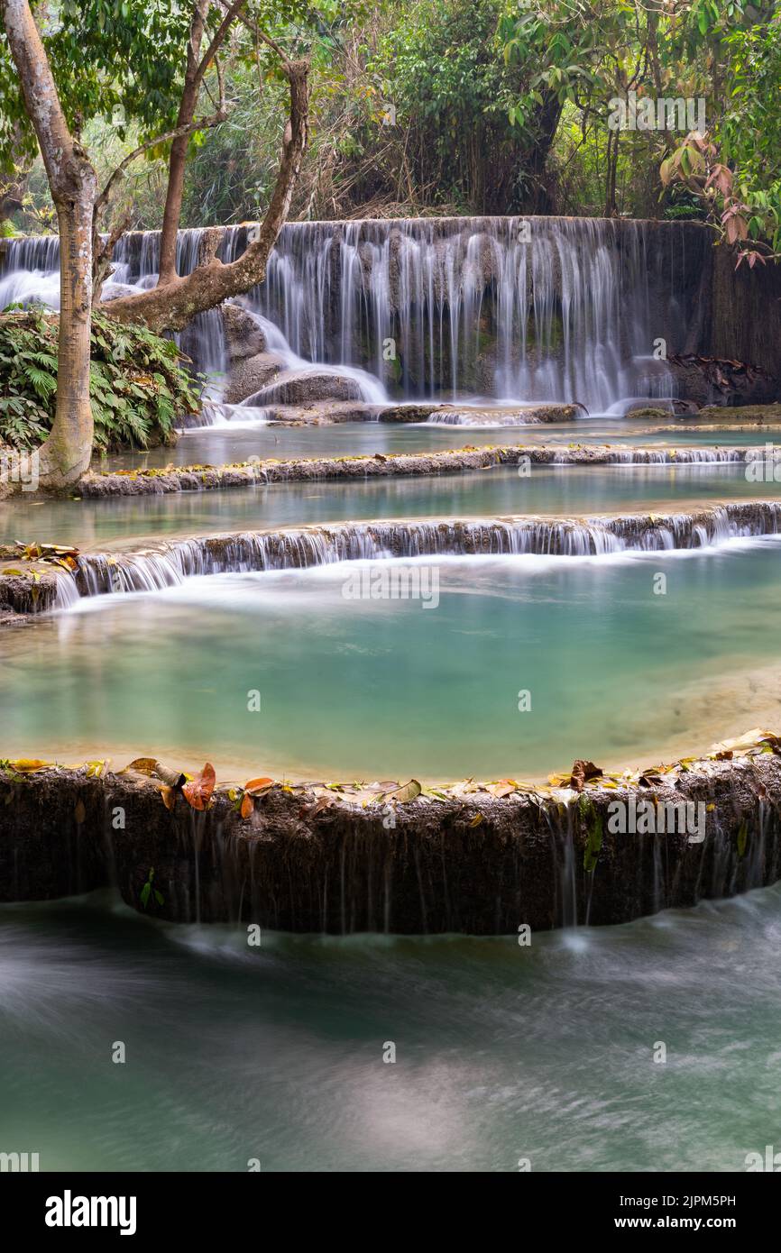 A vertical of Kuang Si Waterfall in a forest in Luang Prabang, Laos ...