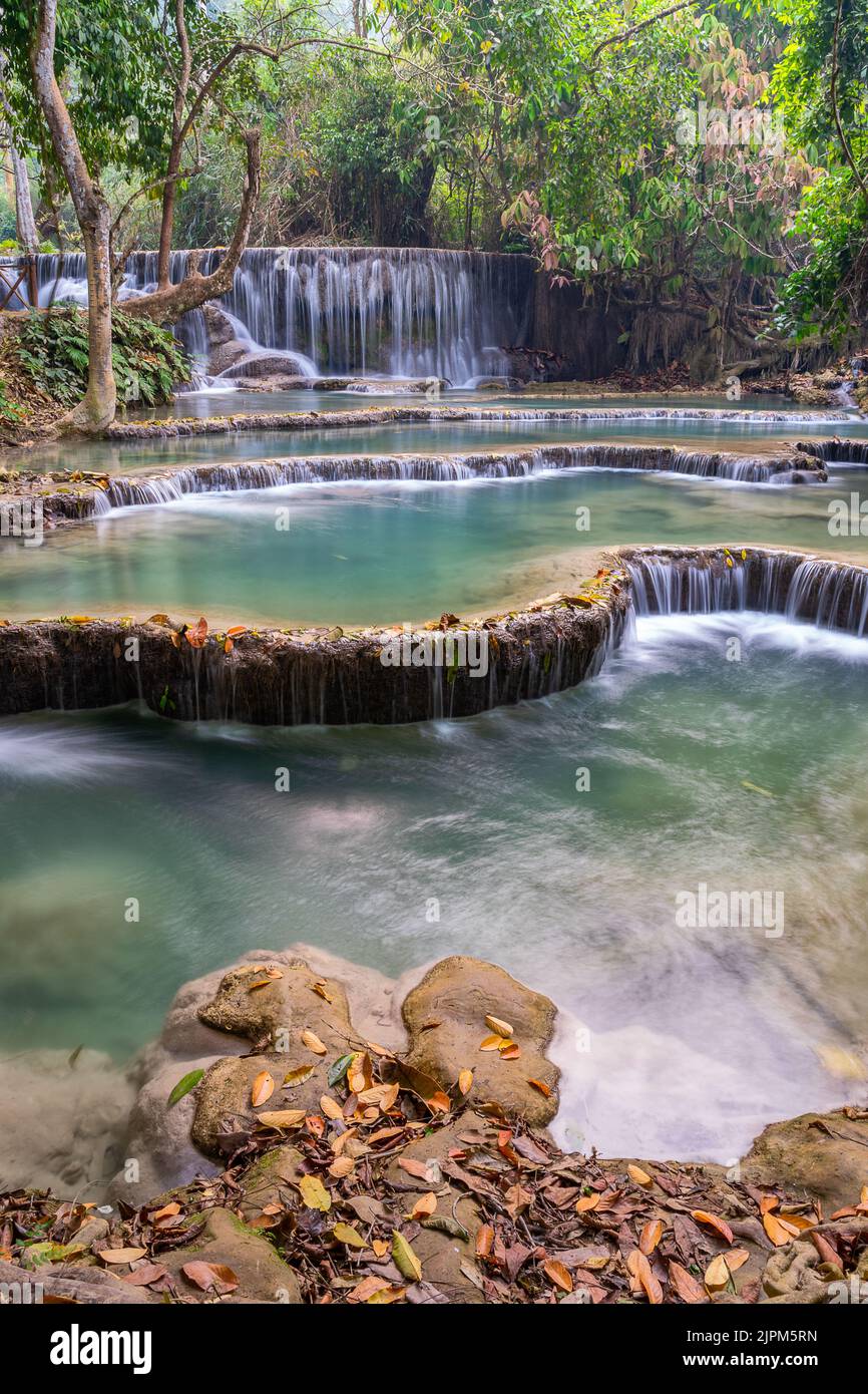 A vertical of Kuang Si Waterfall in a forest in Luang Prabang, Laos ...