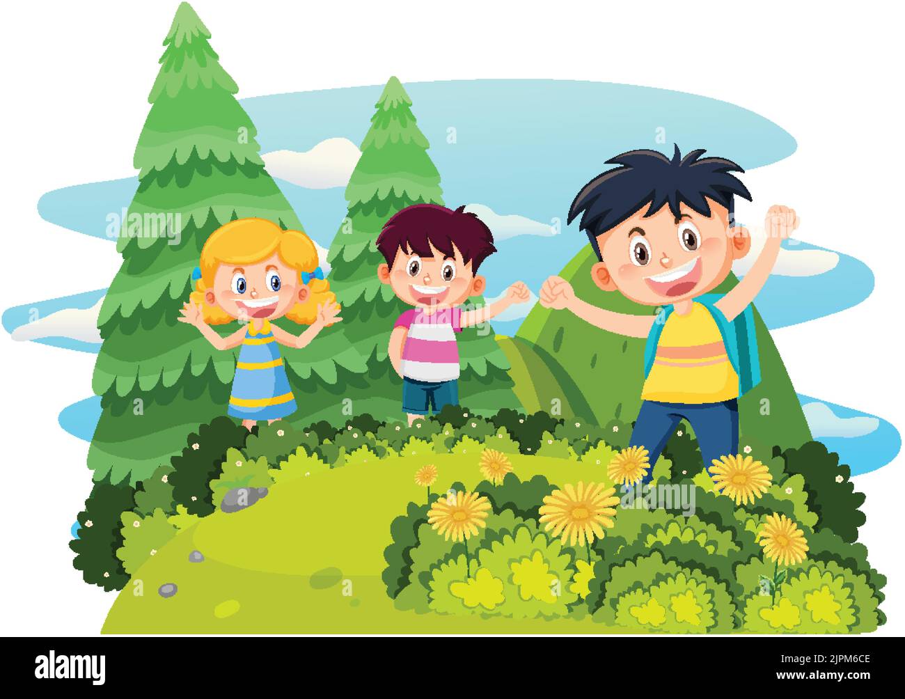 Happy children enjoying outdoor at the yard illustration Stock Vector ...