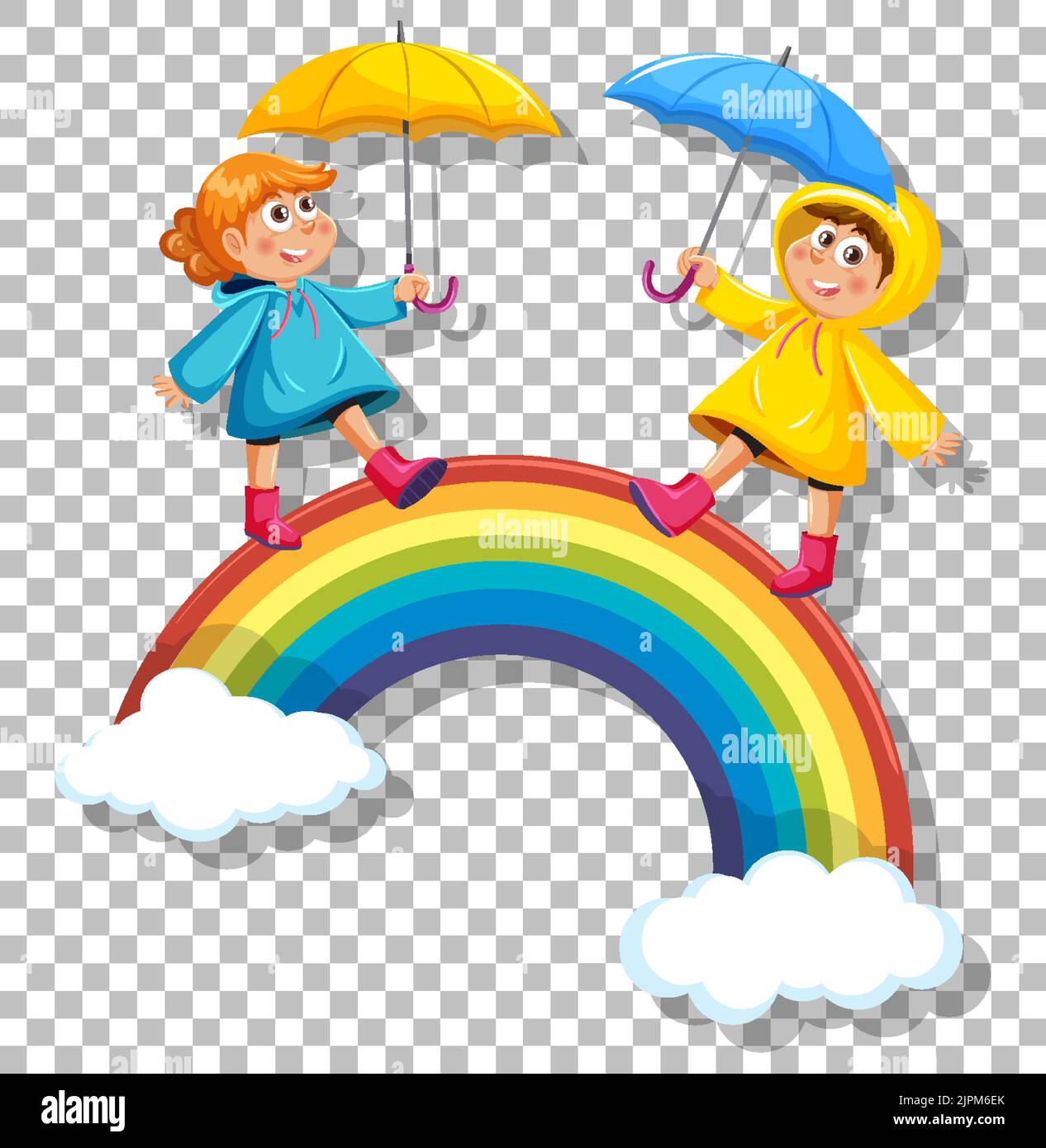 Children walking on the rainbow on grid background illustration Stock ...