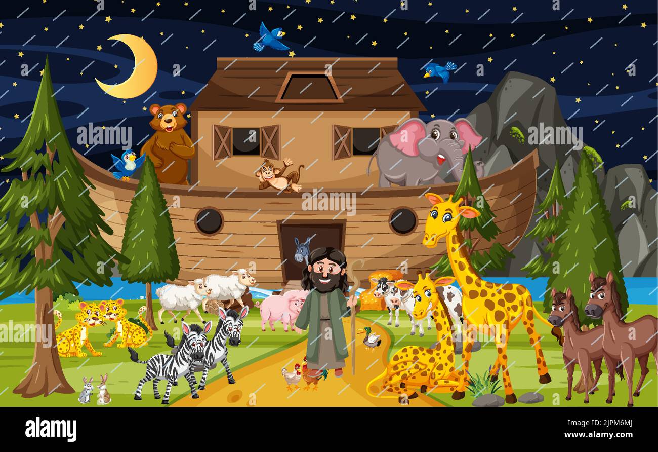 Forest scene with Noah's ark with animals illustration Stock Vector ...