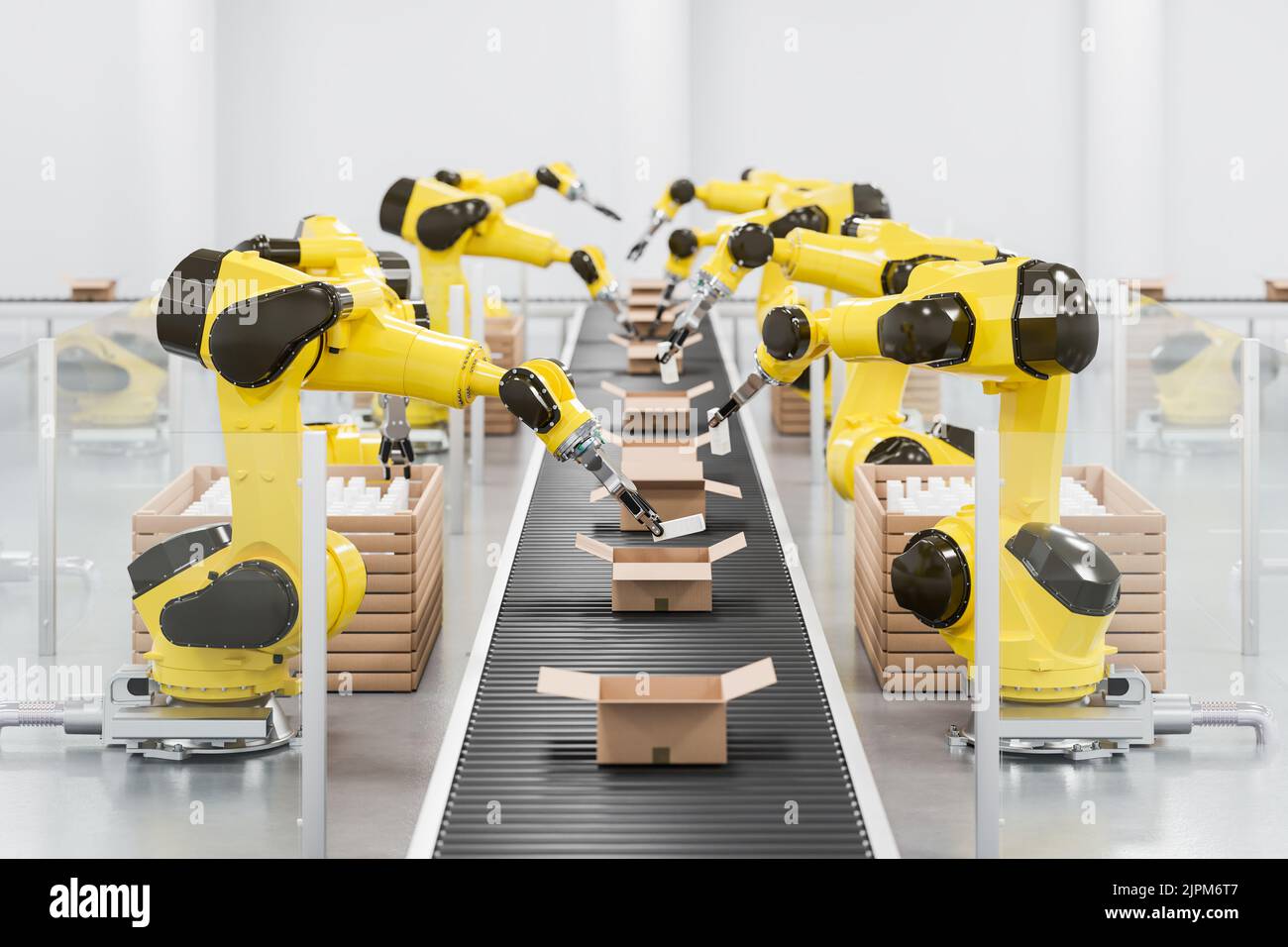 Robots at a conveyor belt packing items into cardboard packages Stock ...
