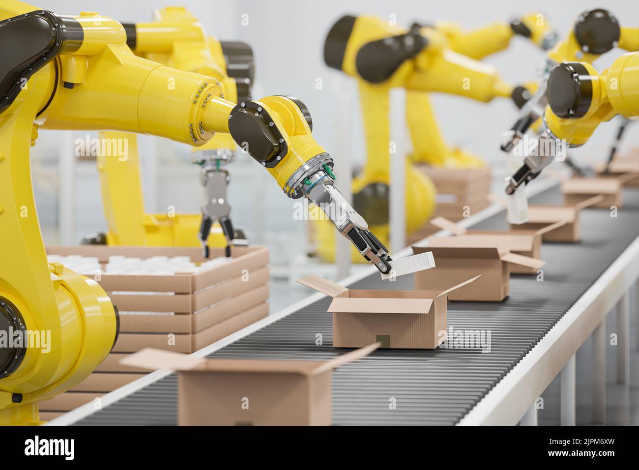 Robots at a conveyor belt packing items into cardboard packages. Detail shot Stock Photo - Alamy