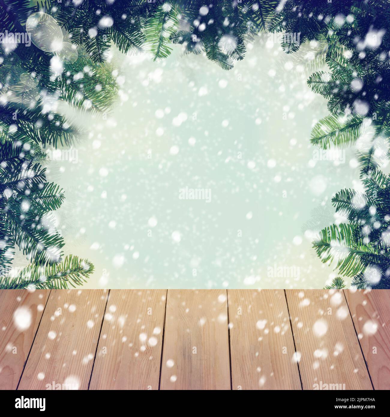 New Year's background. Spruce branches on a wooden table. Christmas ...