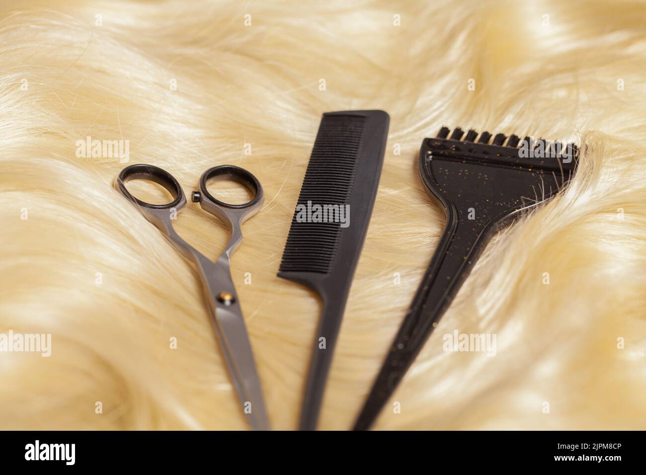 Professional scissors, comb and hairdressing brush on blonde hair Stock ...
