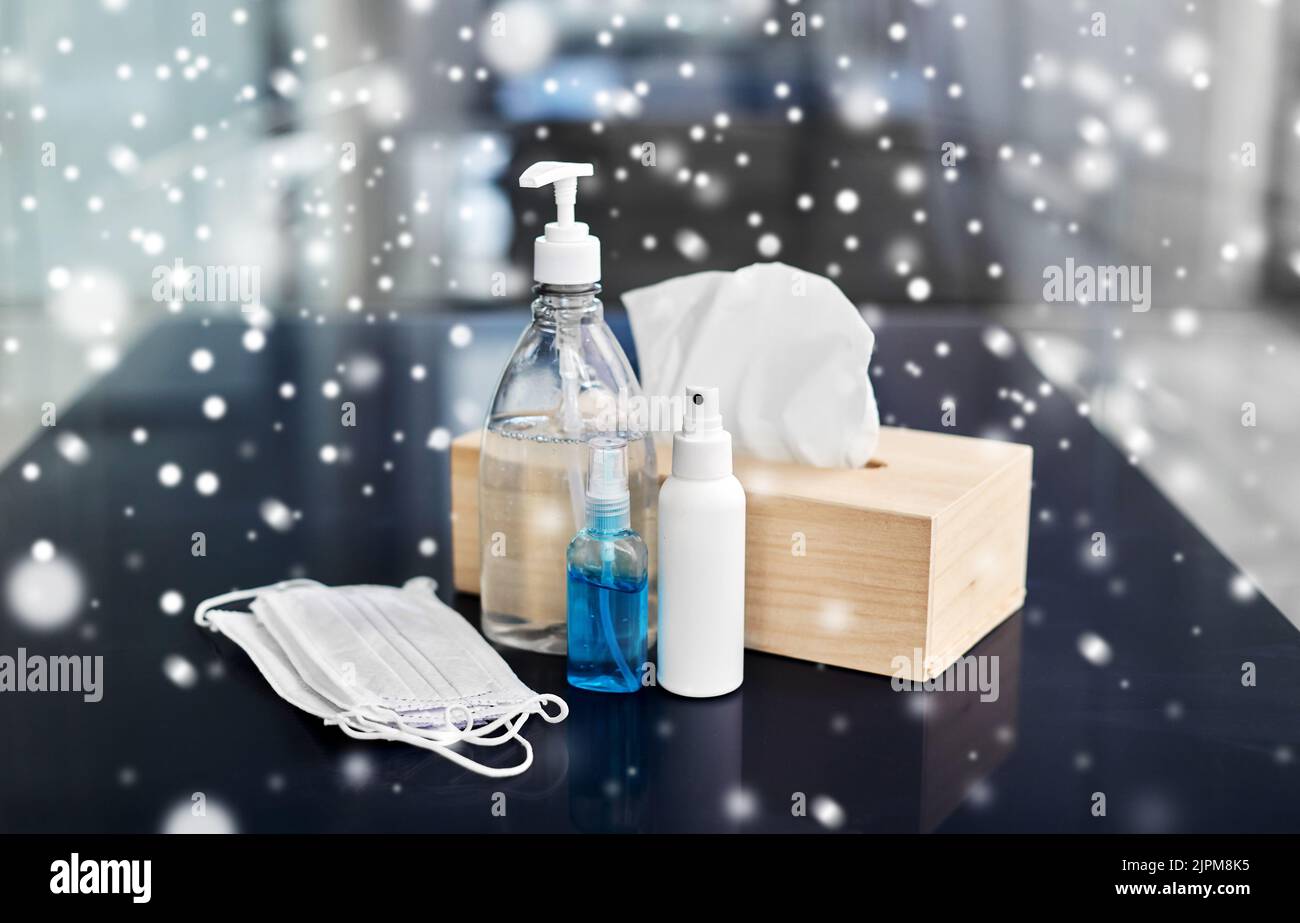 hand sanitizers, masks, liquid soap and tissues Stock Photo - Alamy