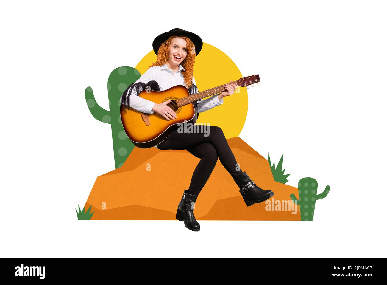 Banner collage of lady sit play guitar isolated on painting white color ...