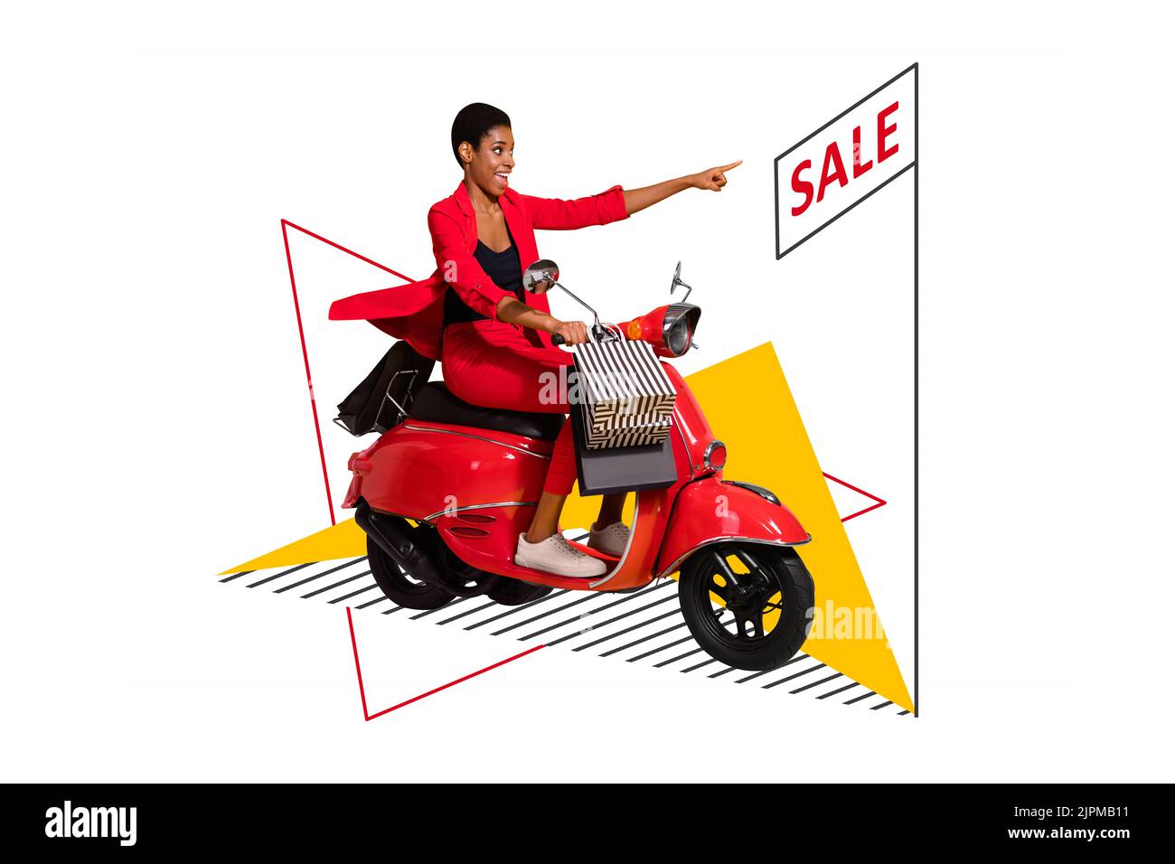 Banner collage of lady ride scooter index sale isolated on drawing ...