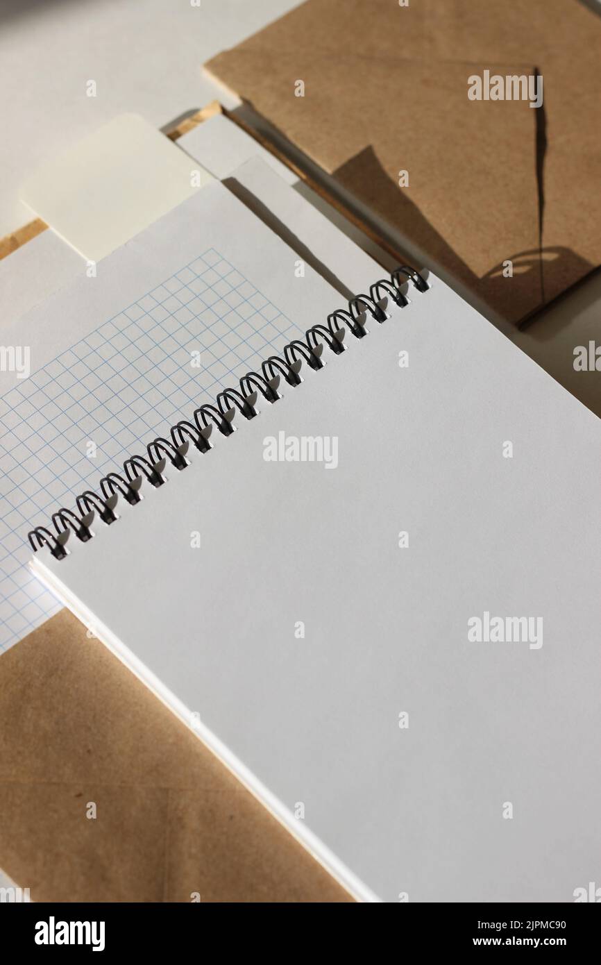 Blank Open Notebook, Paper Sheets, Envelopes on White Background ...