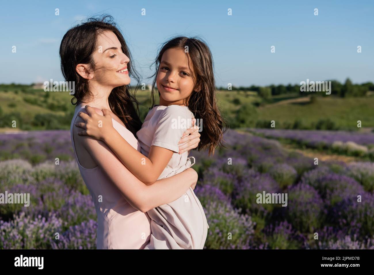 brunette woman embracing daughter smiling at camera in lavender meadow Stock Photo - Alamy