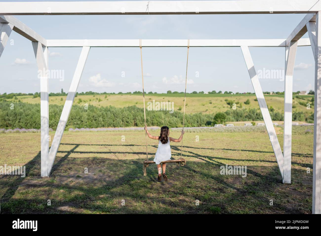 back view of child in summer dress riding swing in field at countryside ...