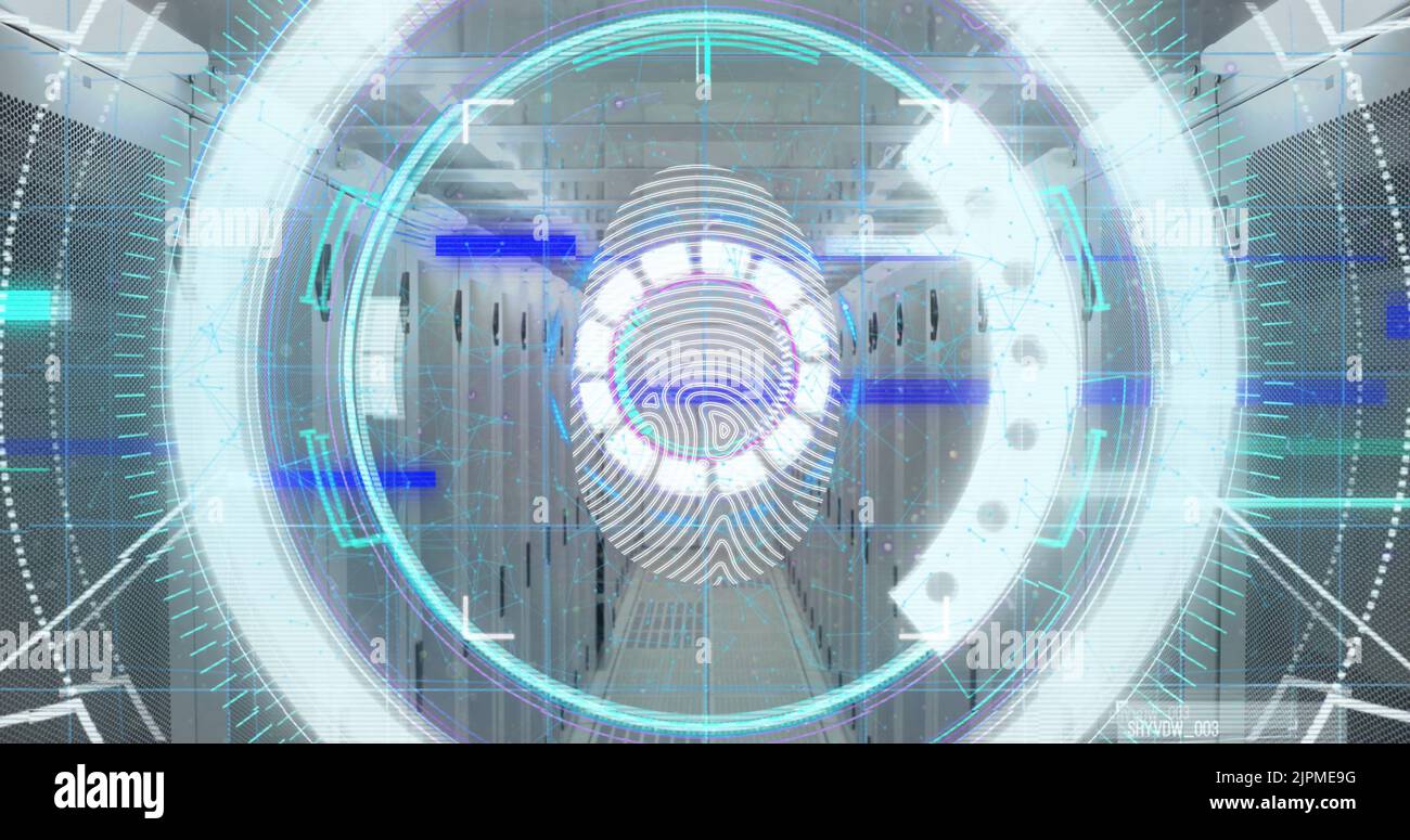 Image of scope scanning and biometric fingerprint over computer servers ...