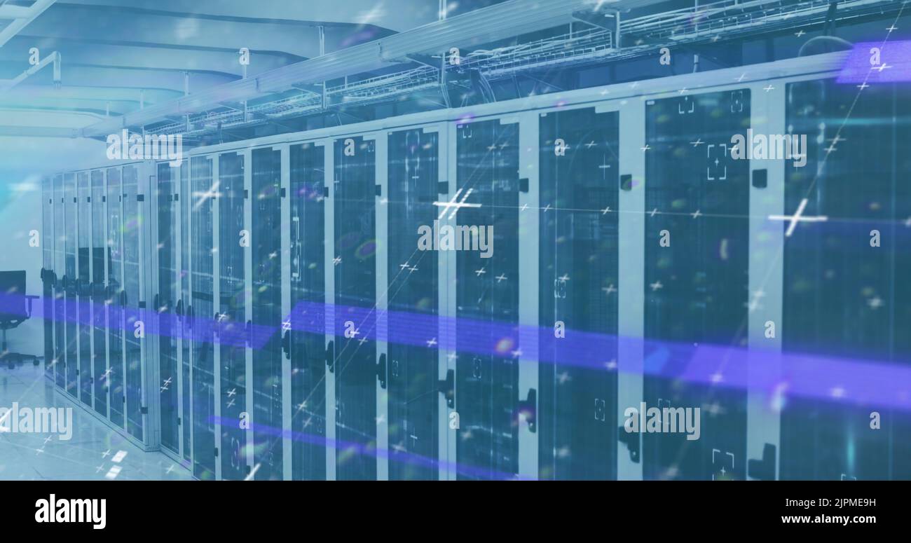Image of lines flickering and markers moving over computer servers in ...