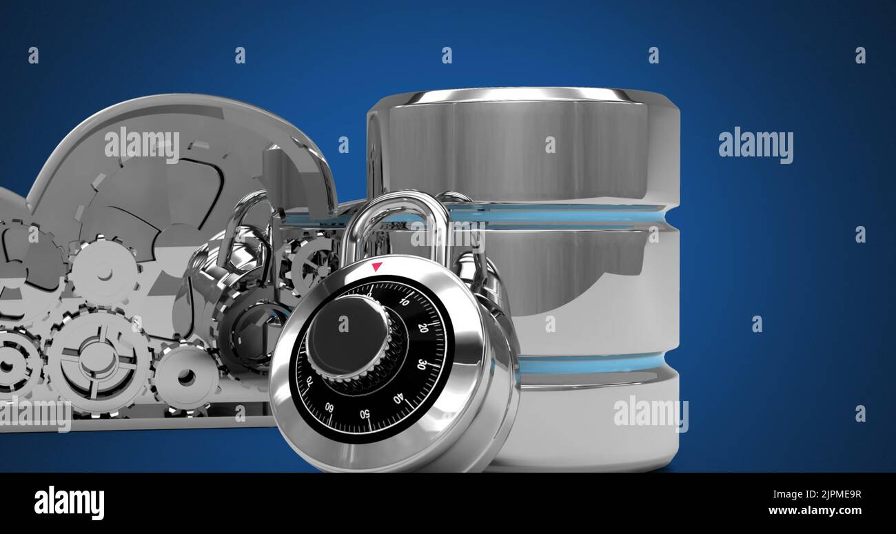Image of padlock, silver cogs and server over blue background Stock ...