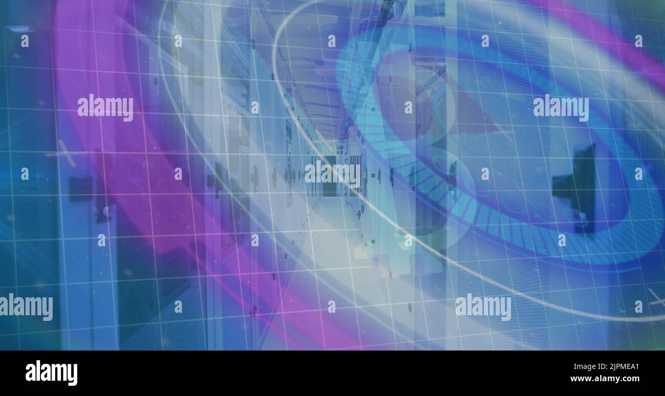 Image Of Scope Scanning And Data Processing Over Computer Servers And Grid In Background Stock