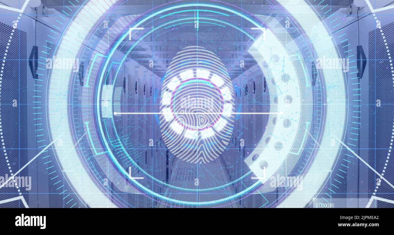 Image of scope scanning and biometric fingerprint over computer servers in background Stock ...
