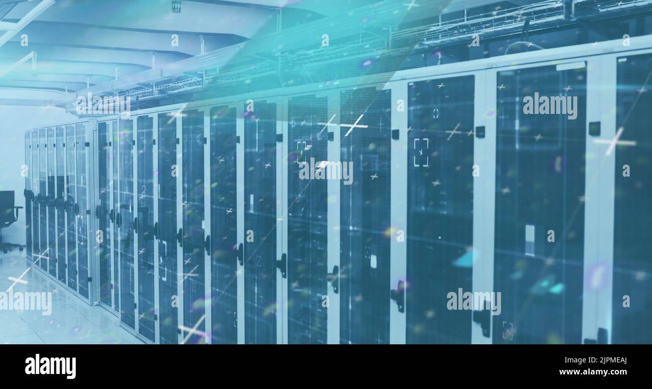 Image of lines flickering and markers moving over computer servers in ...