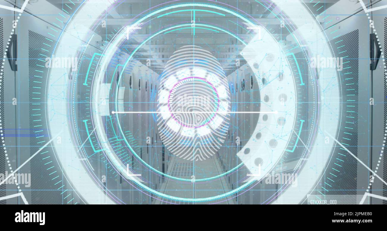Image of scope scanning and biometric fingerprint over computer servers in background Stock ...