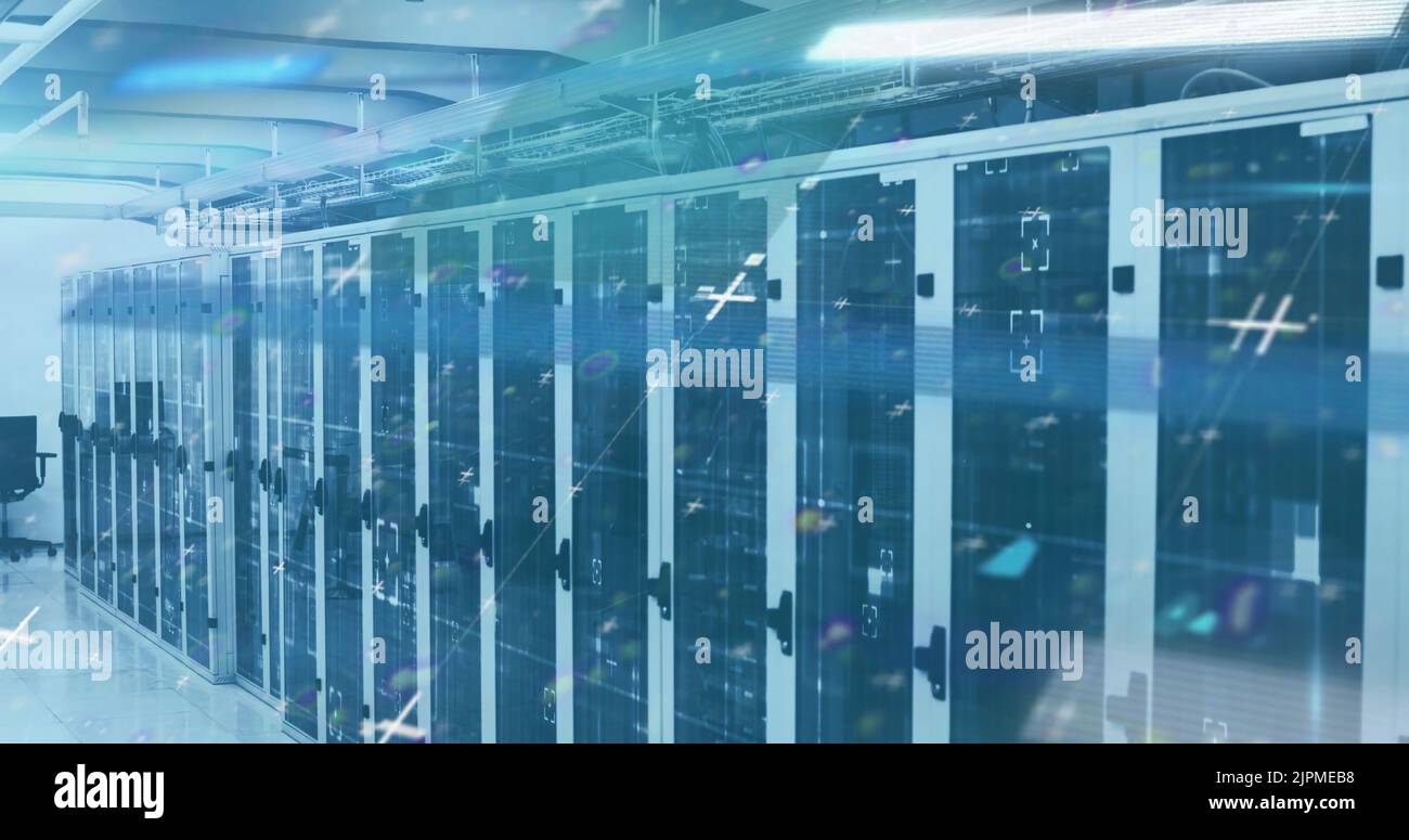 Image of lines flickering and markers moving over computer servers in ...