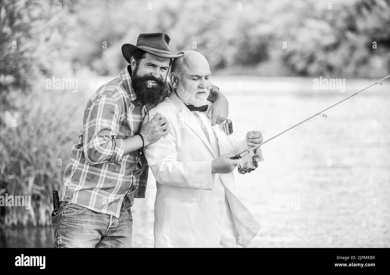 Men friends relaxing nature background. Personal instructor. Bearded ...