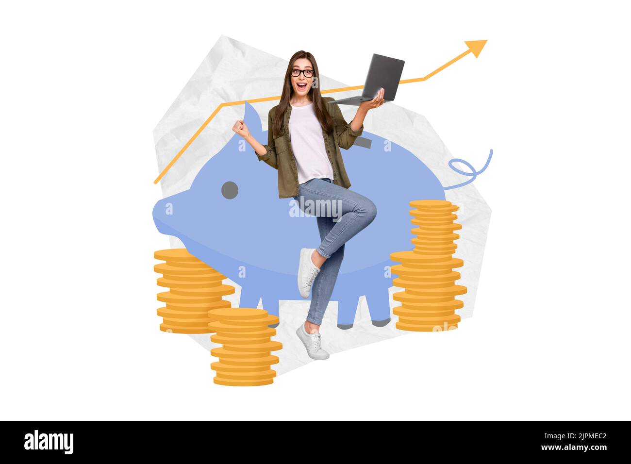 Banner collage of lady earn money hold laptop isolated on drawing white ...