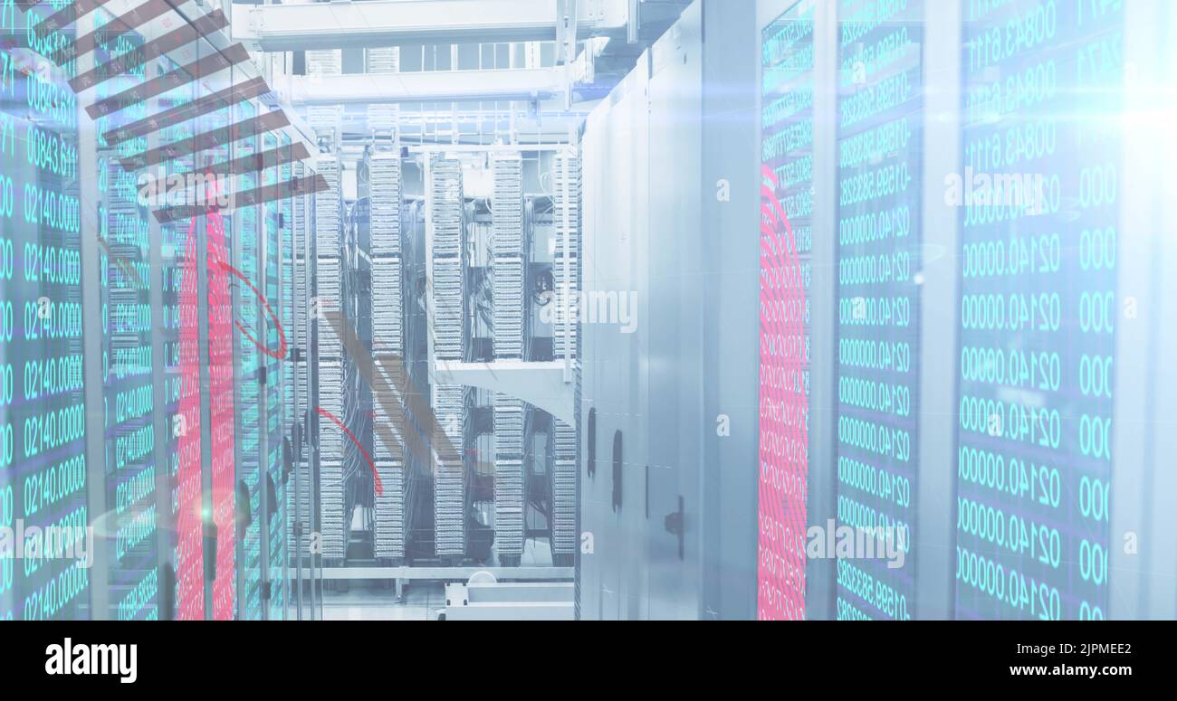 Image of statistics and graphs rolling over a server room with screens ...