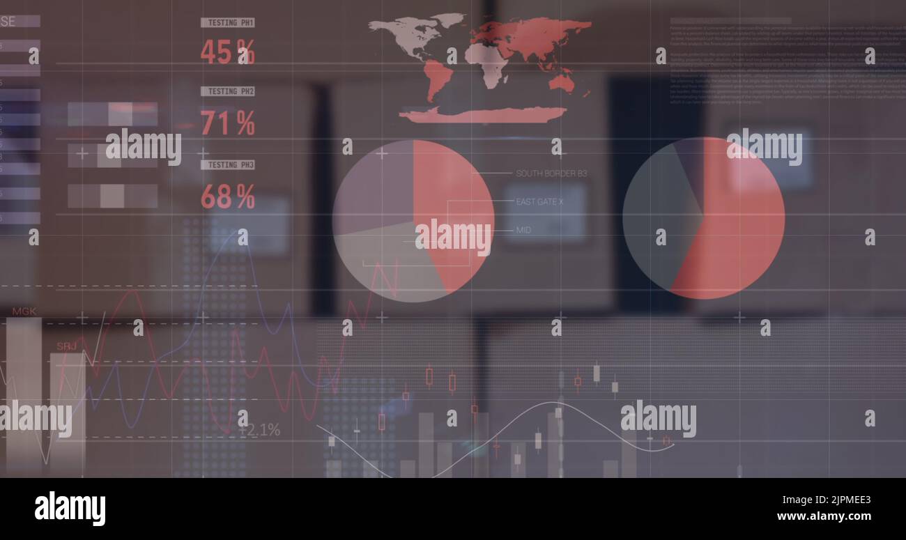 Image of financial data and graphs over packages in warehouse Stock ...