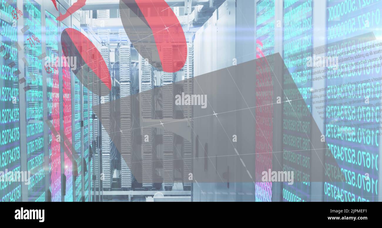 Image of statistics and graphs rolling over a server room with screens ...